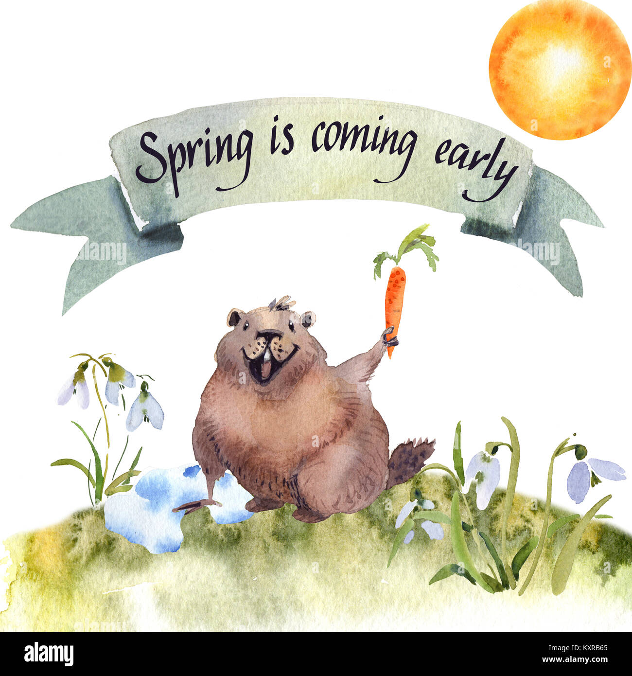Happy Groundhog Day - hand hand drawing watercolor card groundhog ...