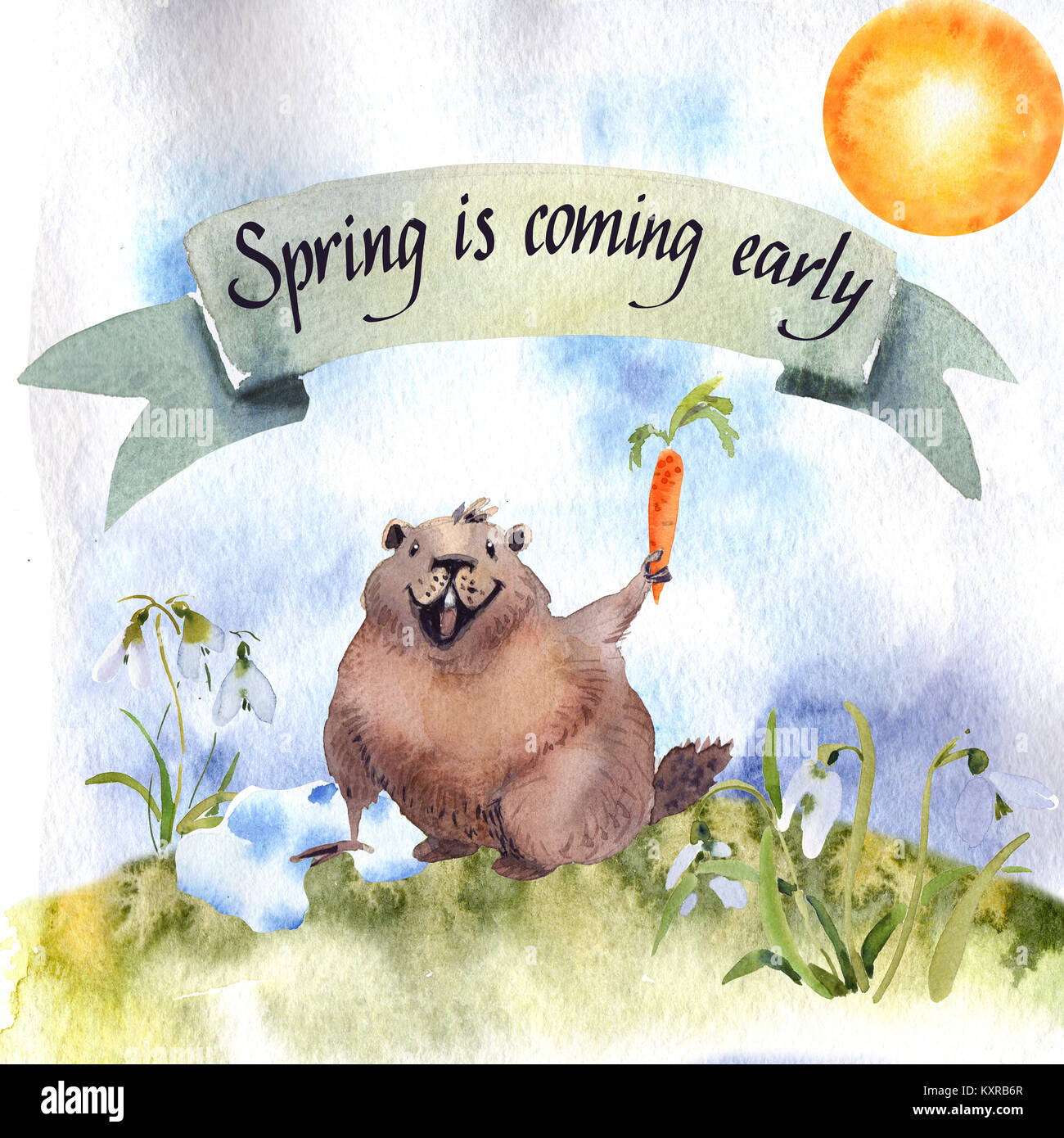 Happy Groundhog Day - hand hand drawing watercolor card groundhog ...