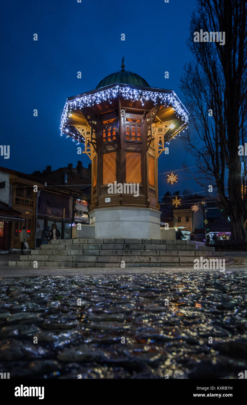 Sebilj in Bacarsija district, Sarajevo at night, Bosnia and Herzegovina ...