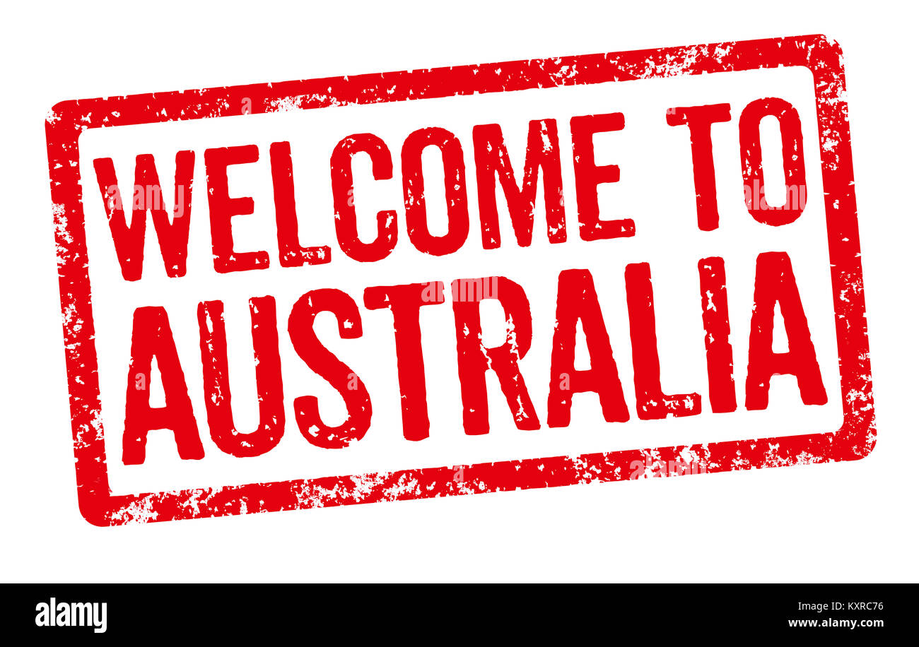 Red stamp on a white background - Welcome to Australia Stock Photo - Alamy