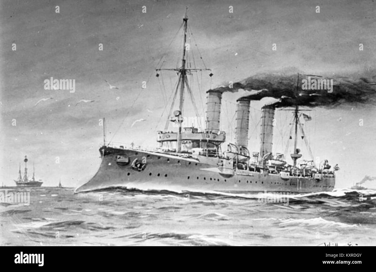 The image shows the German cruiser 'SMS Berlin,' a small cruiser used ...