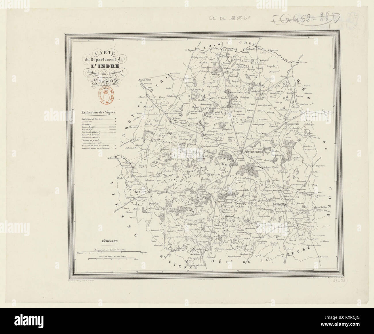 A historical map of the Indre department in France, created in 1838. It ...