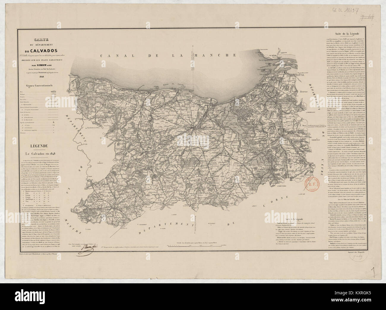 A map of the Calvados department in France from 1848, showing ...