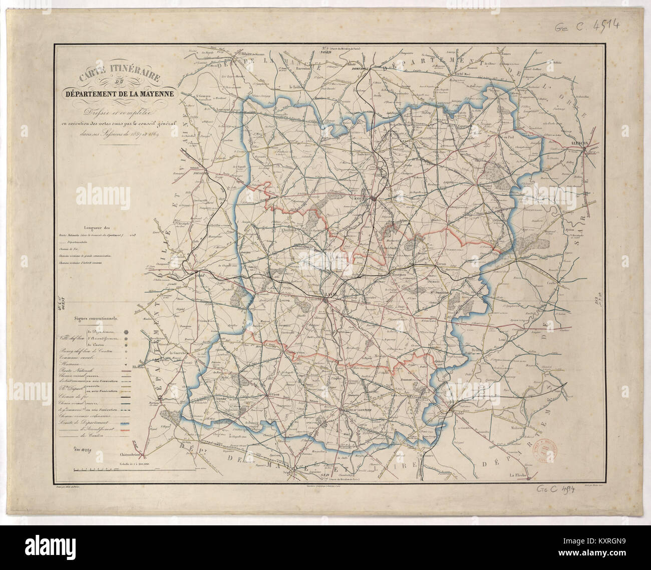 This 1869 map shows the itinerary of the Mayenne department in France ...