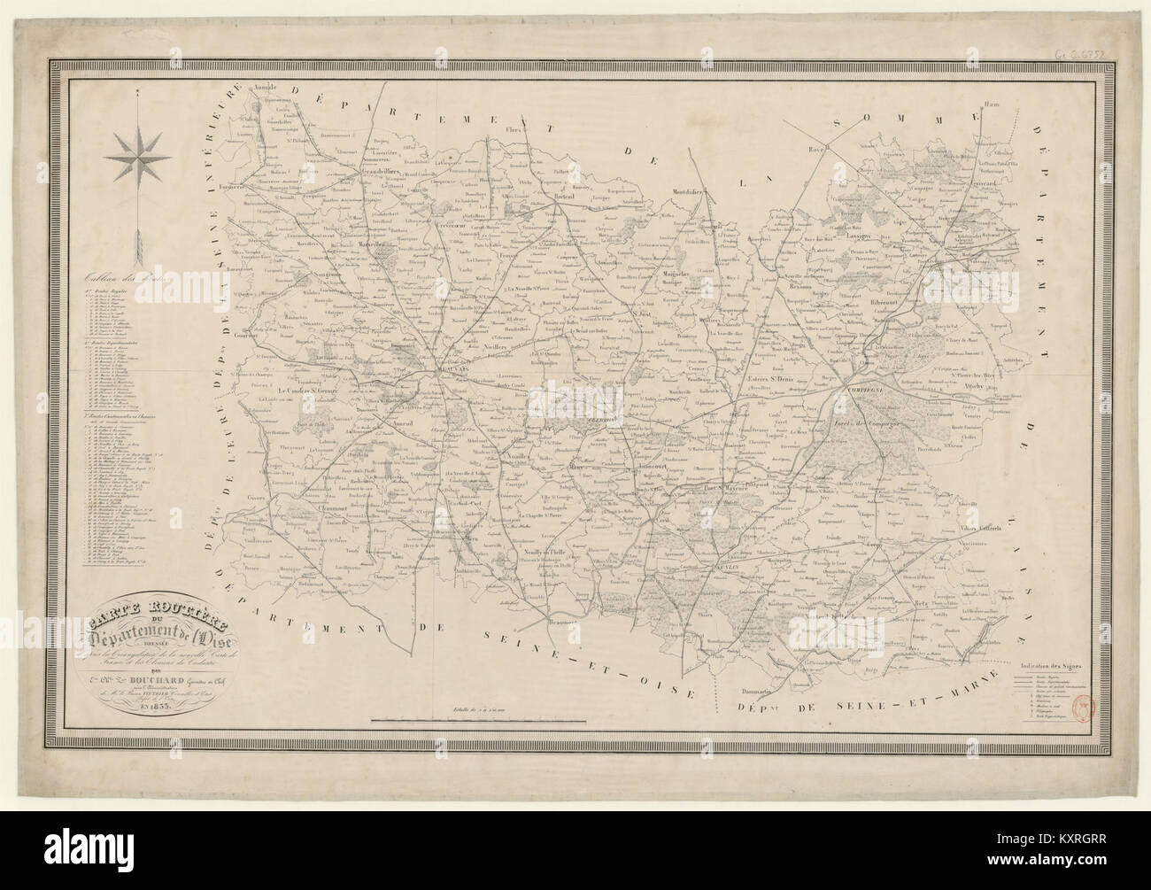 This historical road map depicts the department of Oise in northern ...