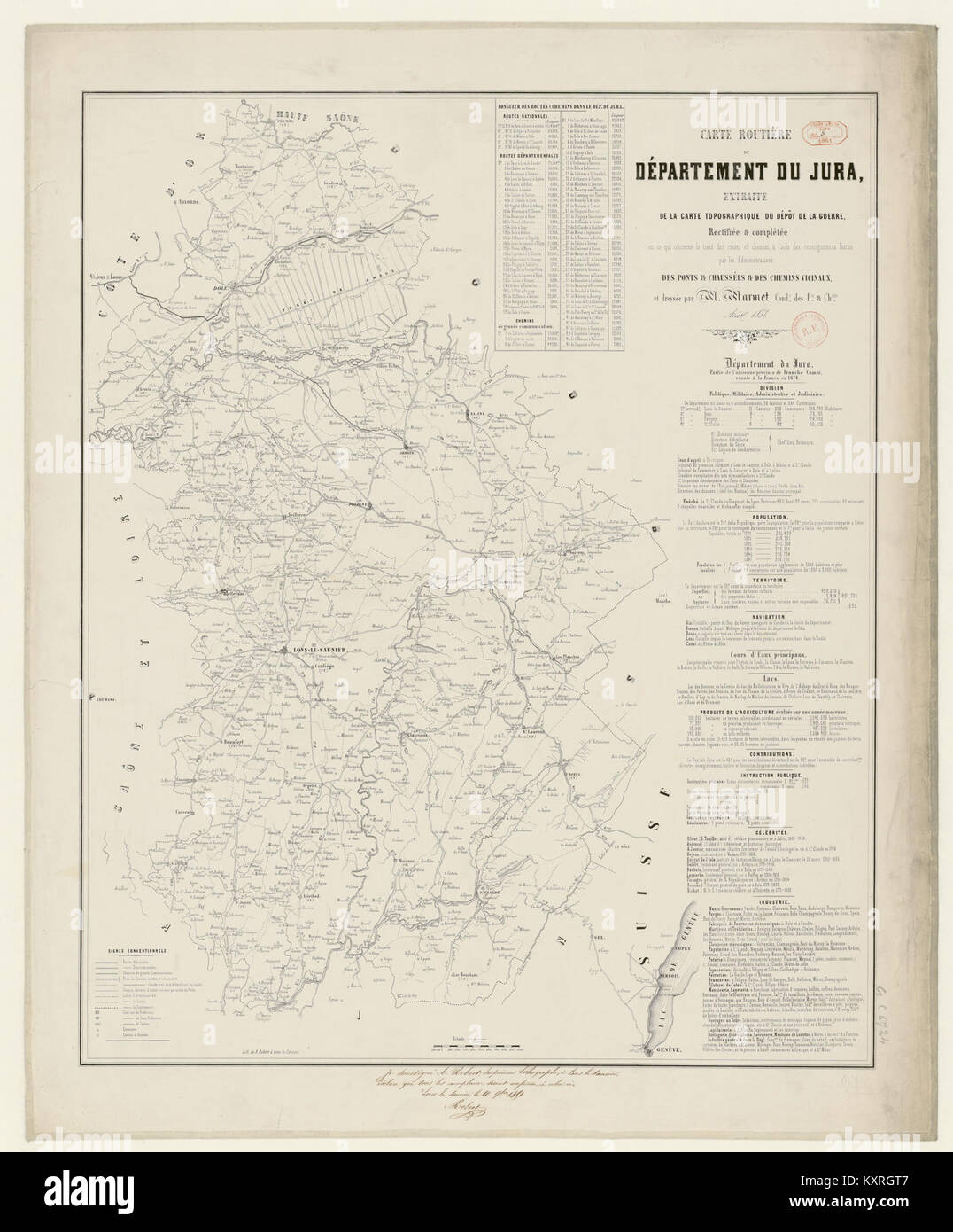 A road map of the Jura department in France from 1851. This map shows ...
