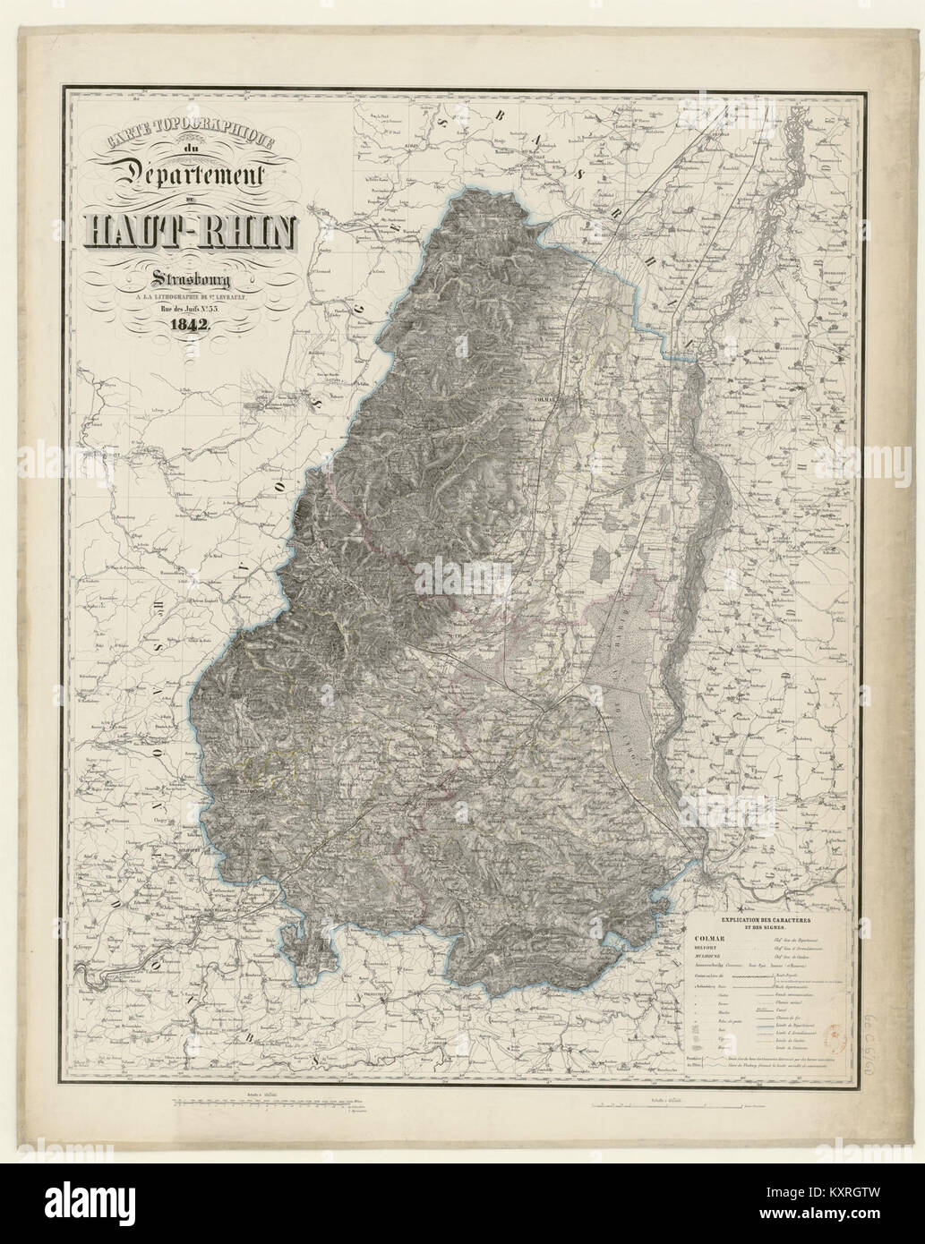 A topographic map of the Haut-Rhin department from 1842, providing a ...