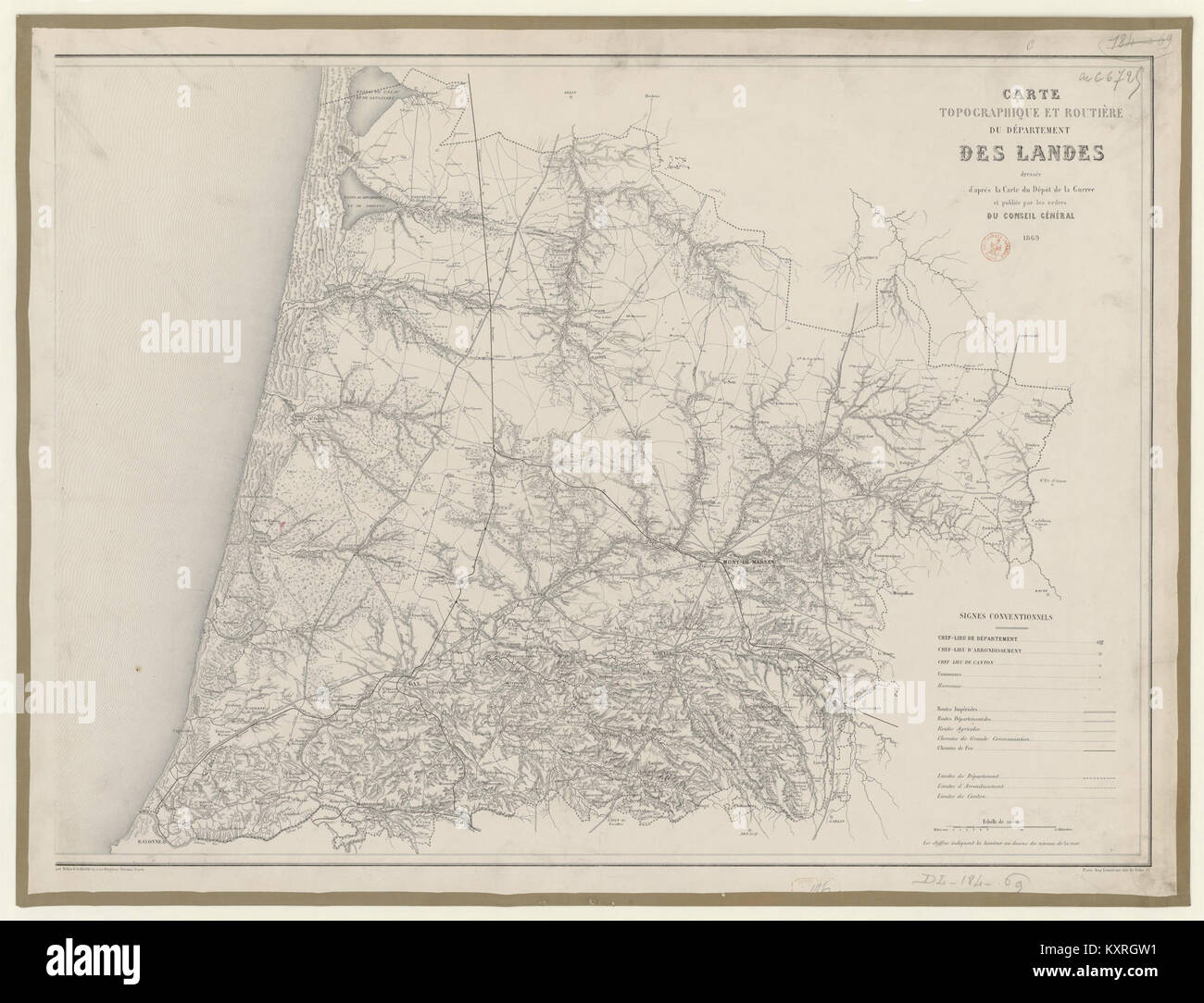 This topographic and road map of the Landes department in southwestern ...