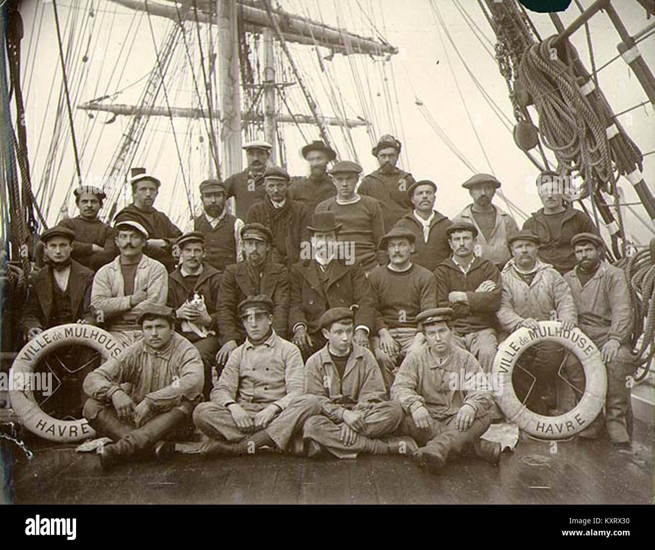 A photograph of the crew of the four-masted bark Ville de Mulhouse ...