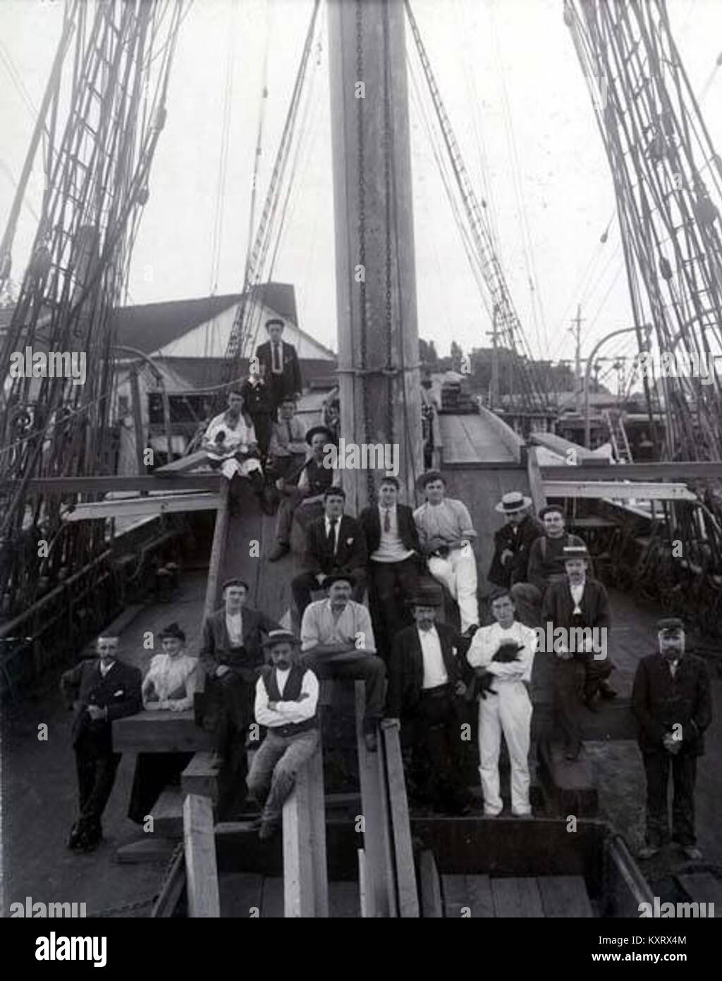 A photograph showing a crew on the deck of an unidentified sailing ...