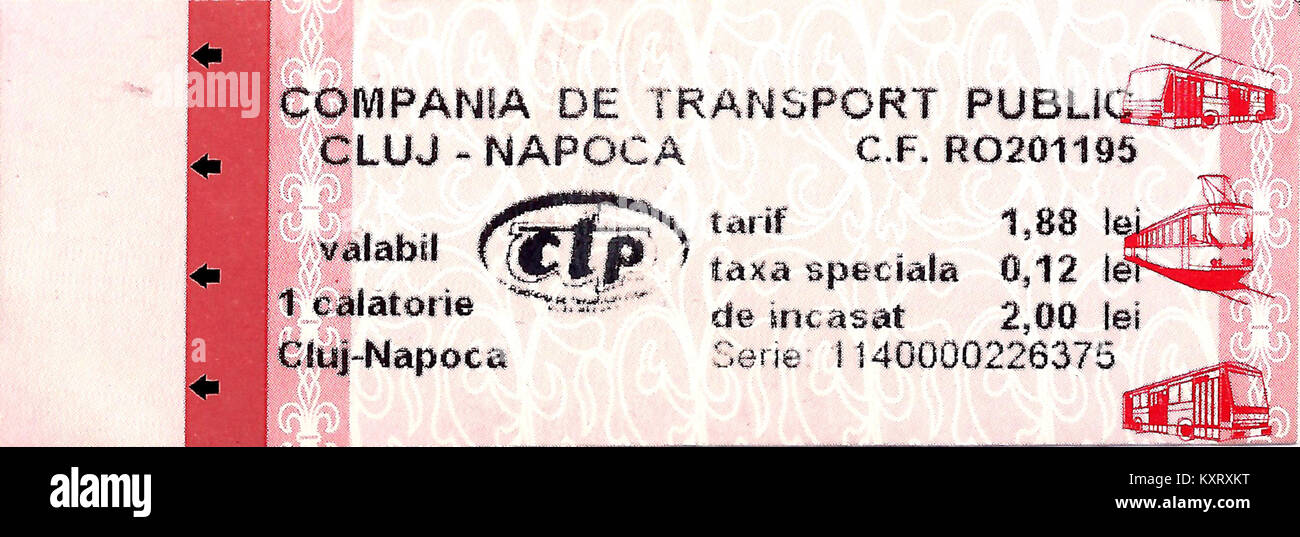 Public transport ticket from Cluj-Napoca, Romania, issued by Compania ...