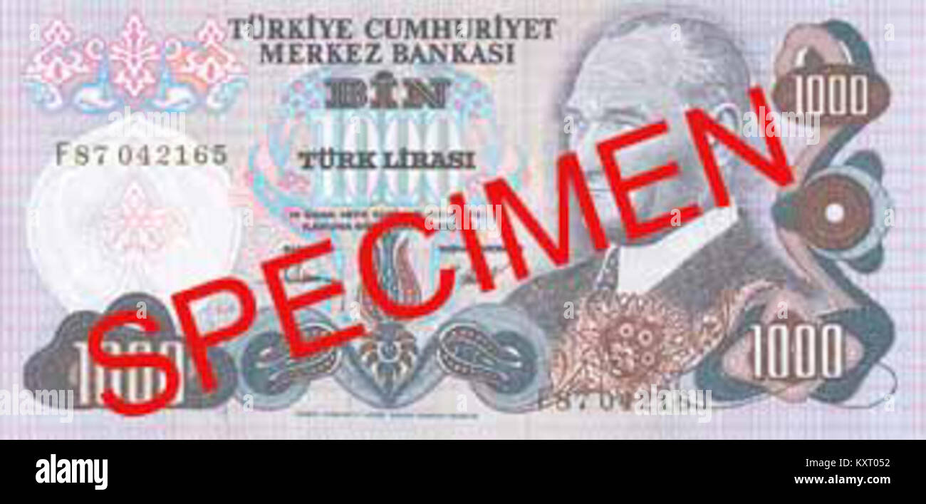 The E6 1.000-III TL banknote obverse features Turkish currency design ...