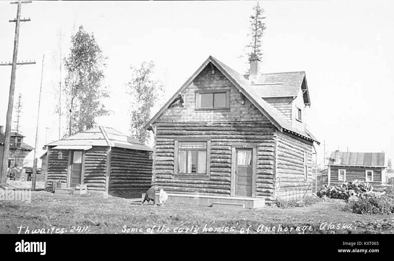 Photograph of early log homes in Anchorage around 1916, illustrating ...