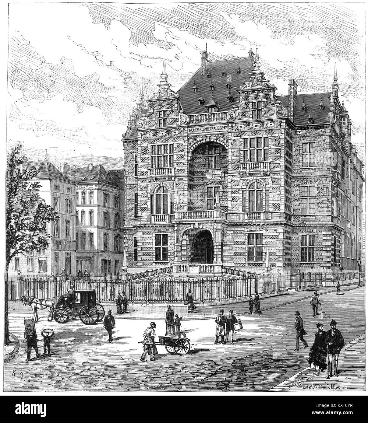 This 1880 image depicts the École Communale at Place Joseph-Lebeau in ...
