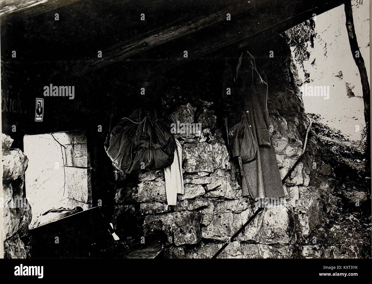 A photograph showing a blasted trench from World War I. The image ...