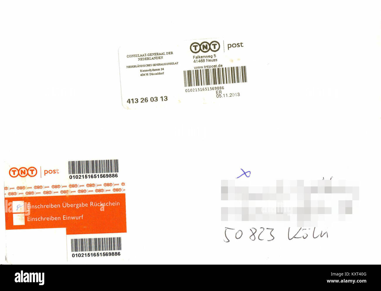 A photograph of an Einschreibebrief, a registered letter used in ...