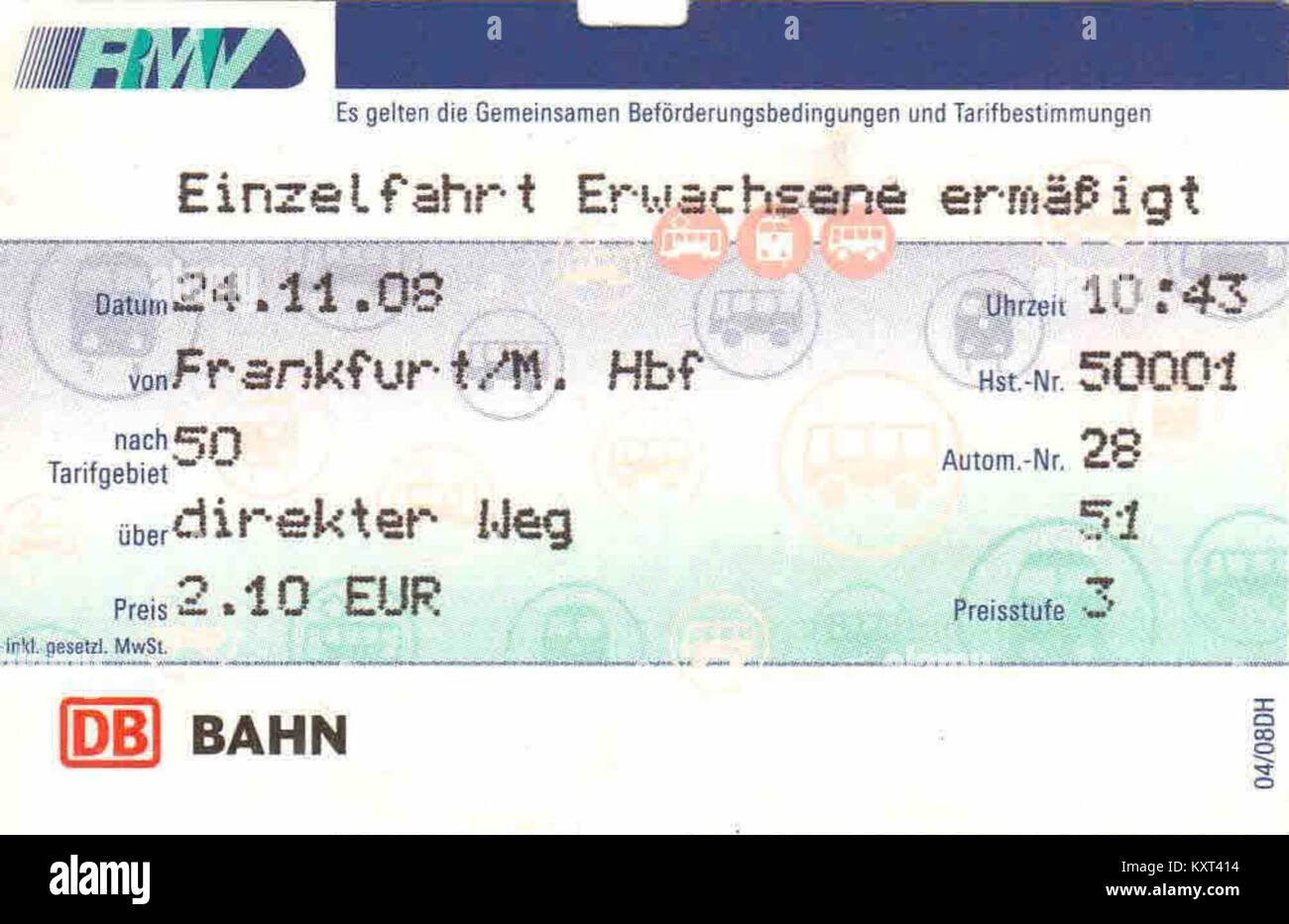 A single adult ticket issued by the Rhein-Main-Verkehrsverbund (RMV) in ...