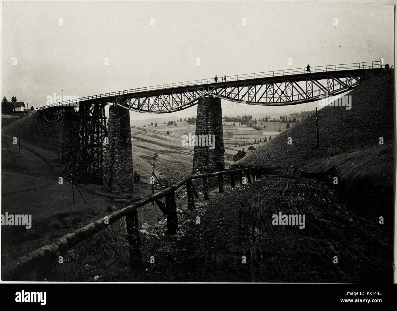 A historical image showing the railway viaduct near Oporcec, taken from ...