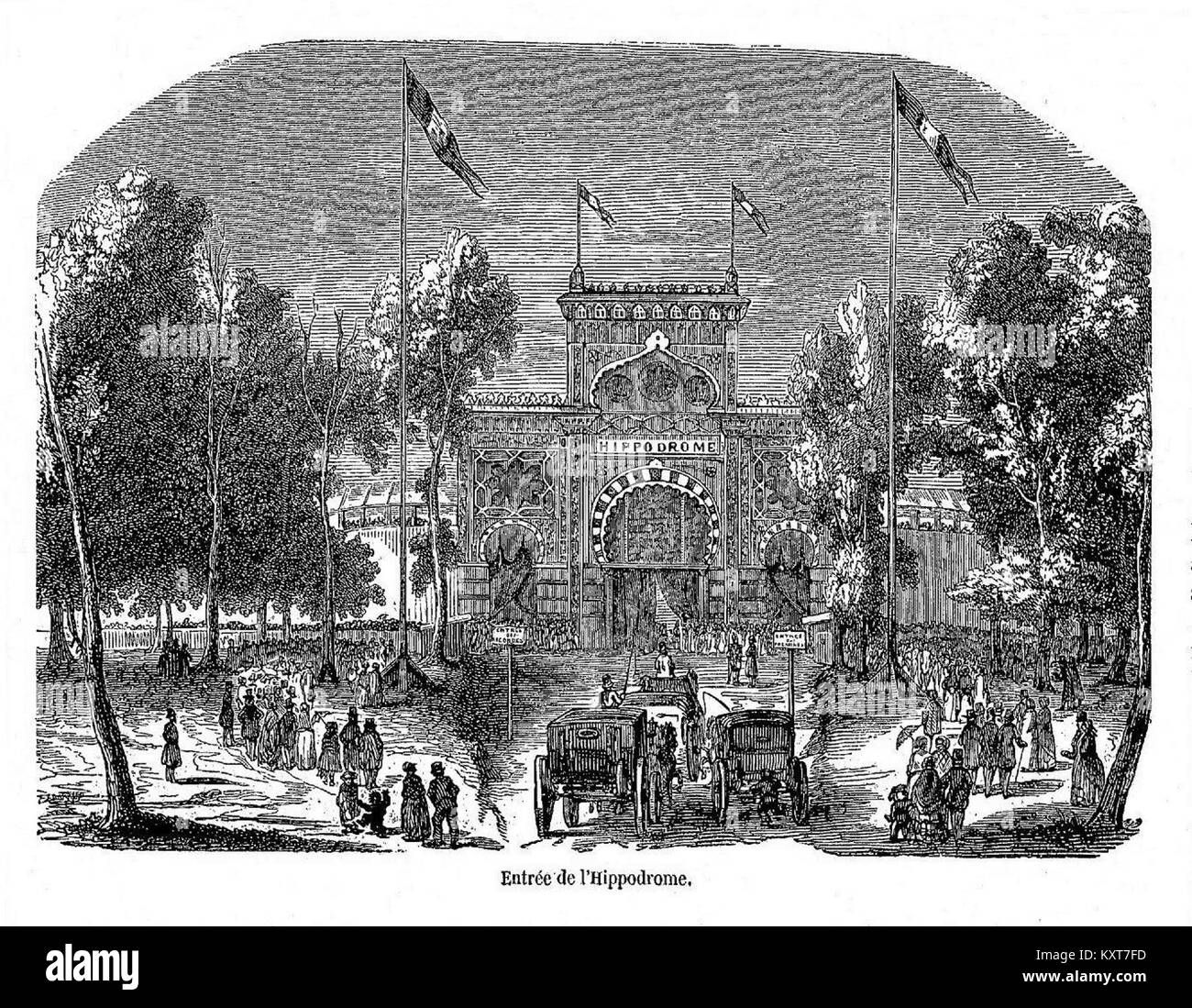 Architectural illustration titled 'Entrée de l’Hippodrome' by Texier ...
