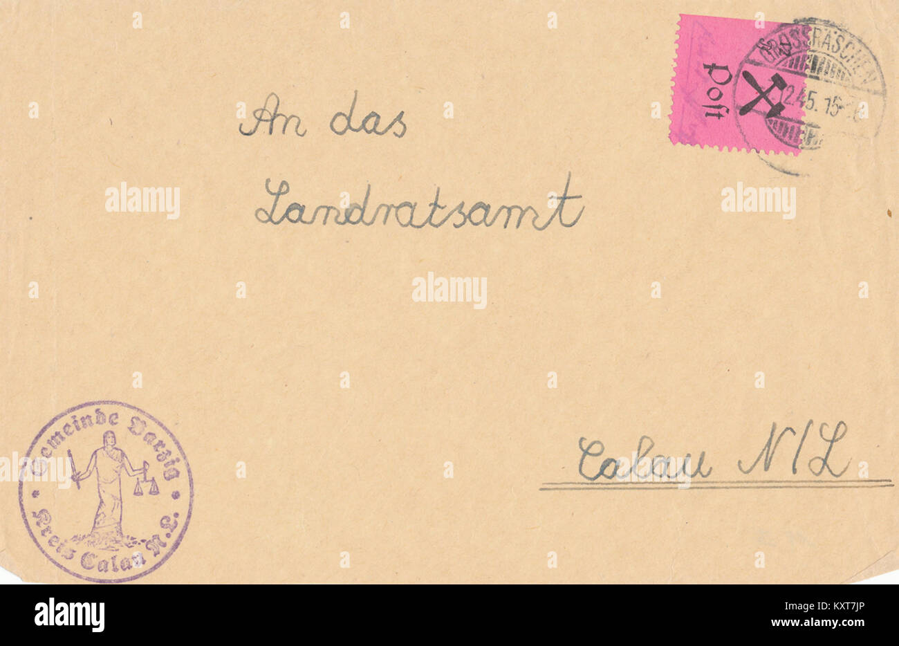 This is an envelope from 1945, sent from Großschen, Calau, Germany ...