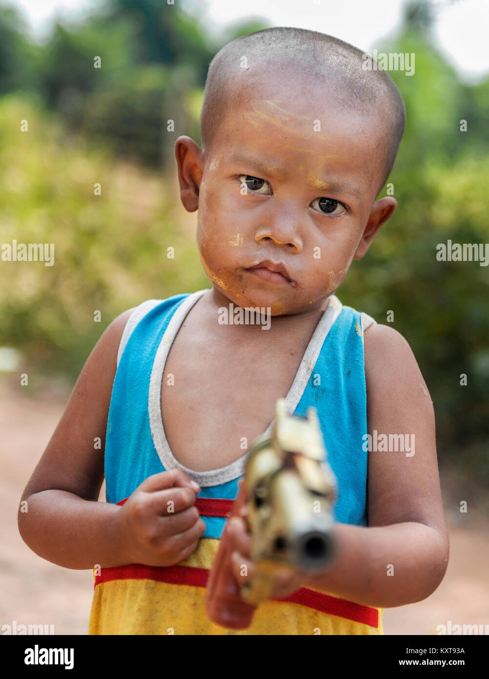 Portrait of little boy in a local village in Yangon, Myanmar Stock ...