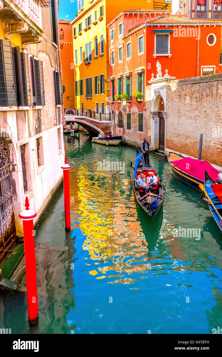 Gondola Tourists Colorful Small Canal Bridge Buildings Boats ...