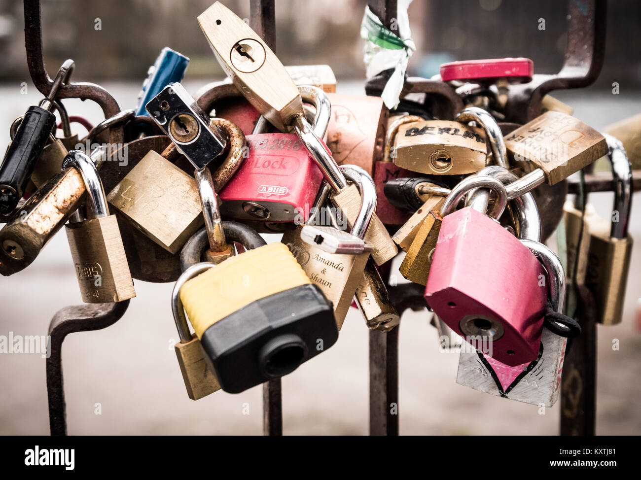 Lovers locks padlocked to a gate along a stretch in the former Berlin ...