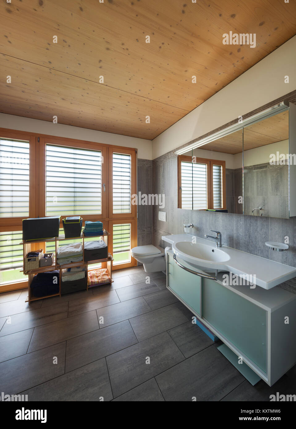 Interior of an eco house, modern bathroom Stock Photo - Alamy