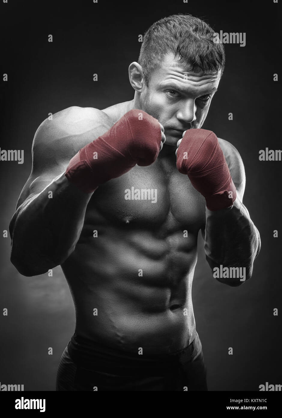 Close-up of a boxer's hand ready for a fight. Strong hands and clenched ...