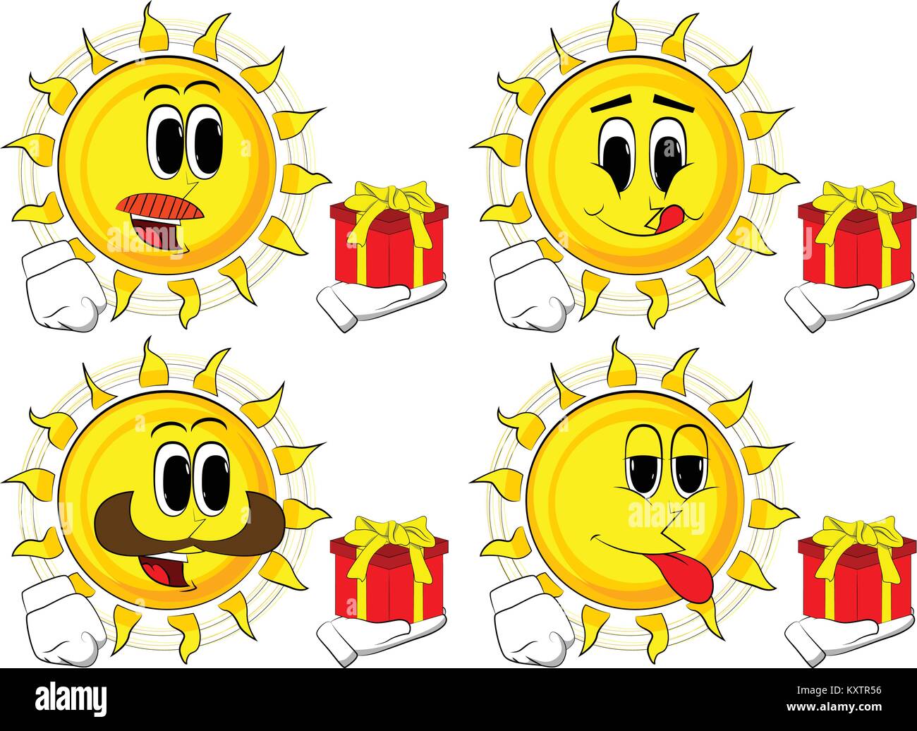 Cartoon sun holding small gift box. Collection with happy faces ...