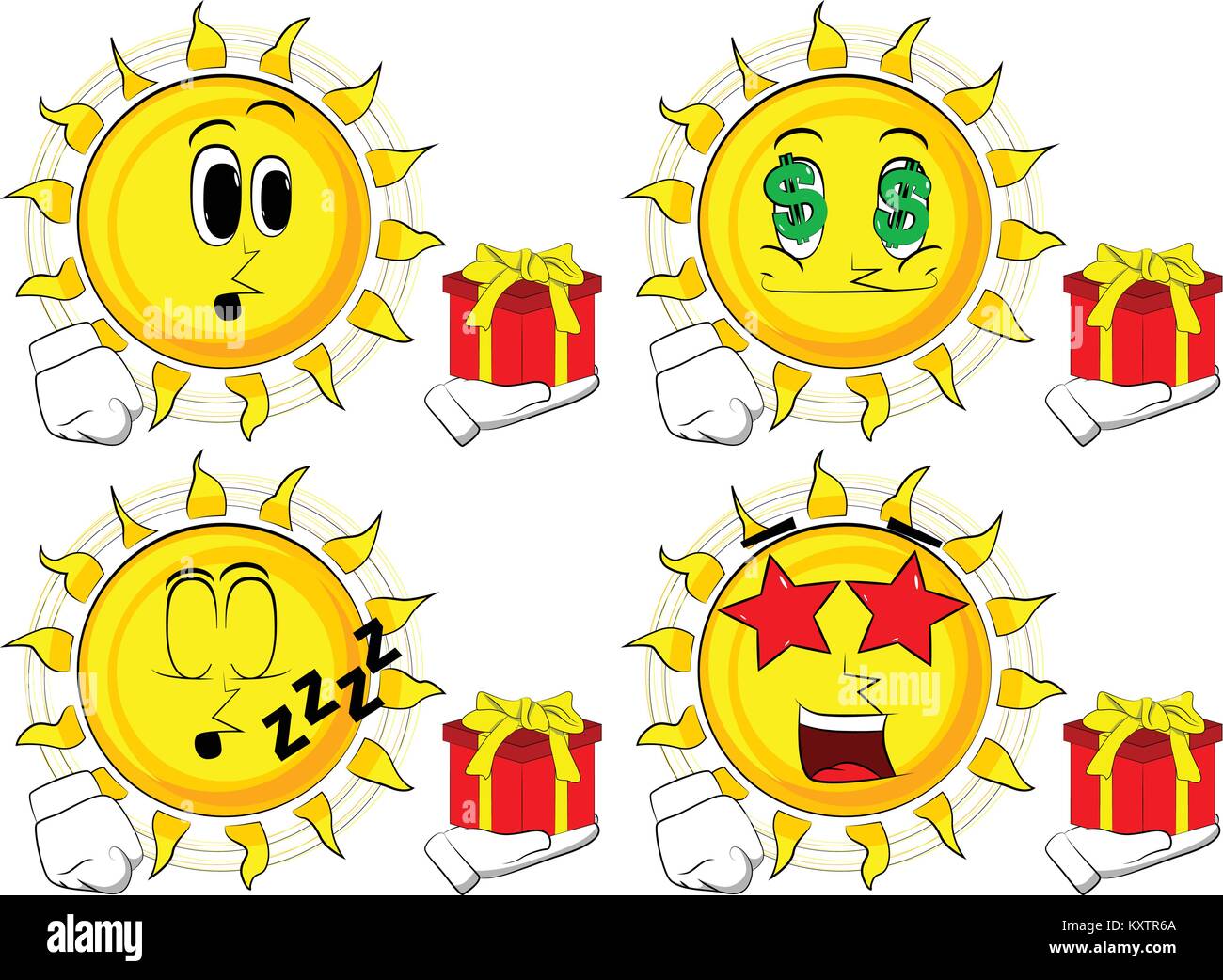 Cartoon sun holding small gift box. Collection with various facial ...
