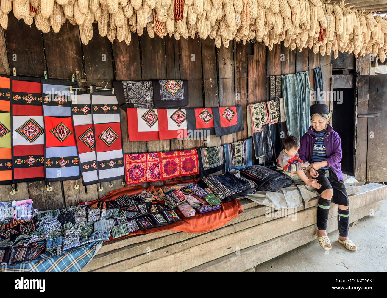 Hmong tribe old woman and her grandson in their village, Sapa, Vietnam ...