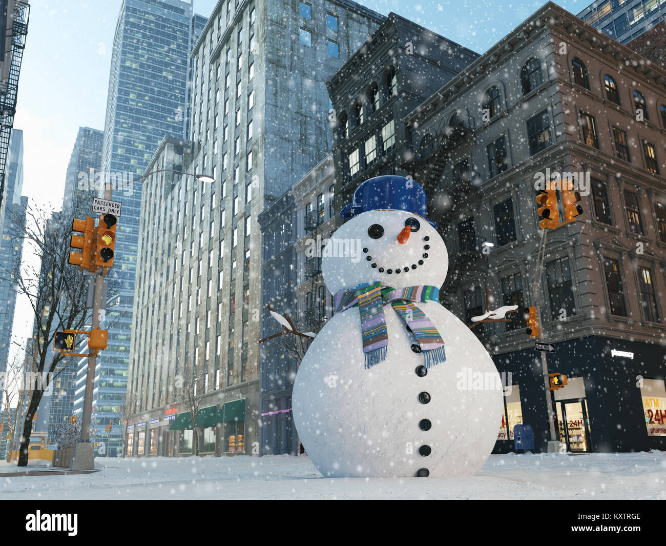 blizzard in new york city. build snowman. 3d rendering Stock Photo - Alamy