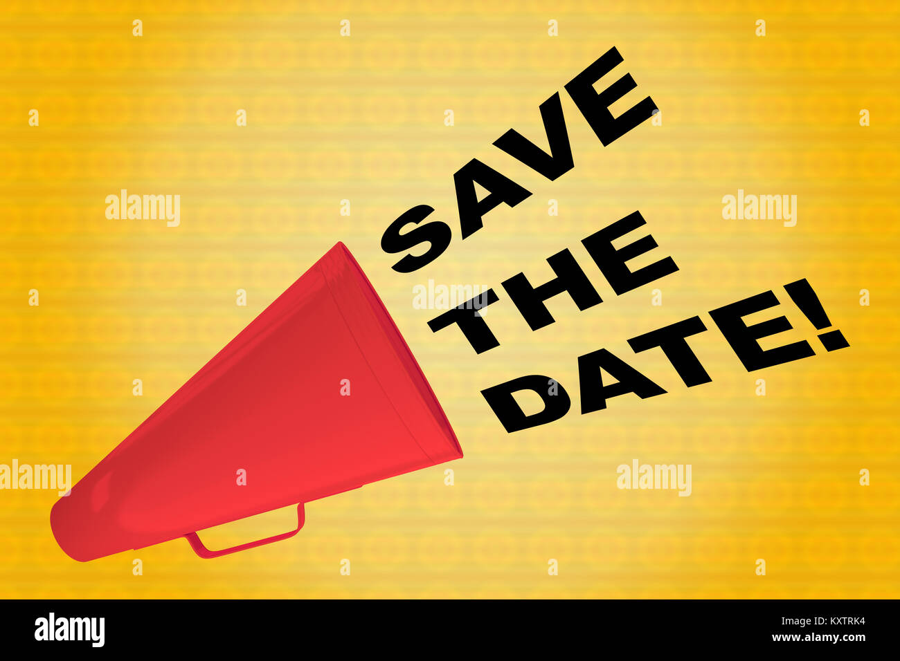 3D illustration of SAVE THE DATE! title flowing from a loudspeaker ...