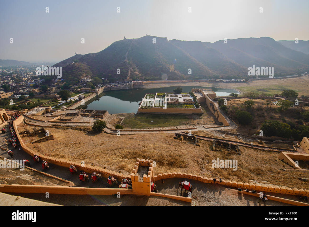 Jaipur, India. Maota Lake, below the Amber Fort; the Saffron gardens ...