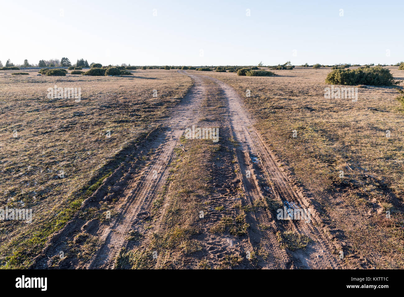 Country road in a wide open landscape, The Great Alvar, an unesco world ...