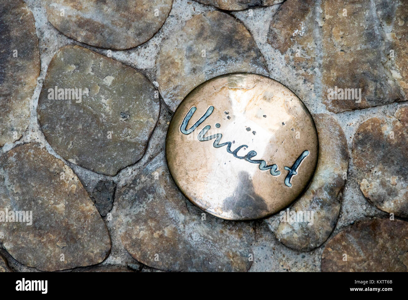 A metallic Vincent Van Gogh trail sign in the streets of Saint-Remy-de ...