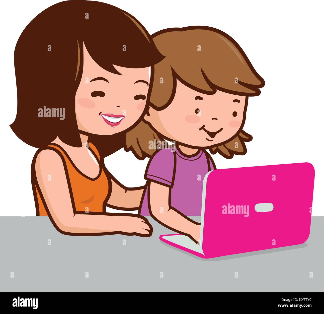 Mother and daughter on the computer. Parent helps student child at home ...