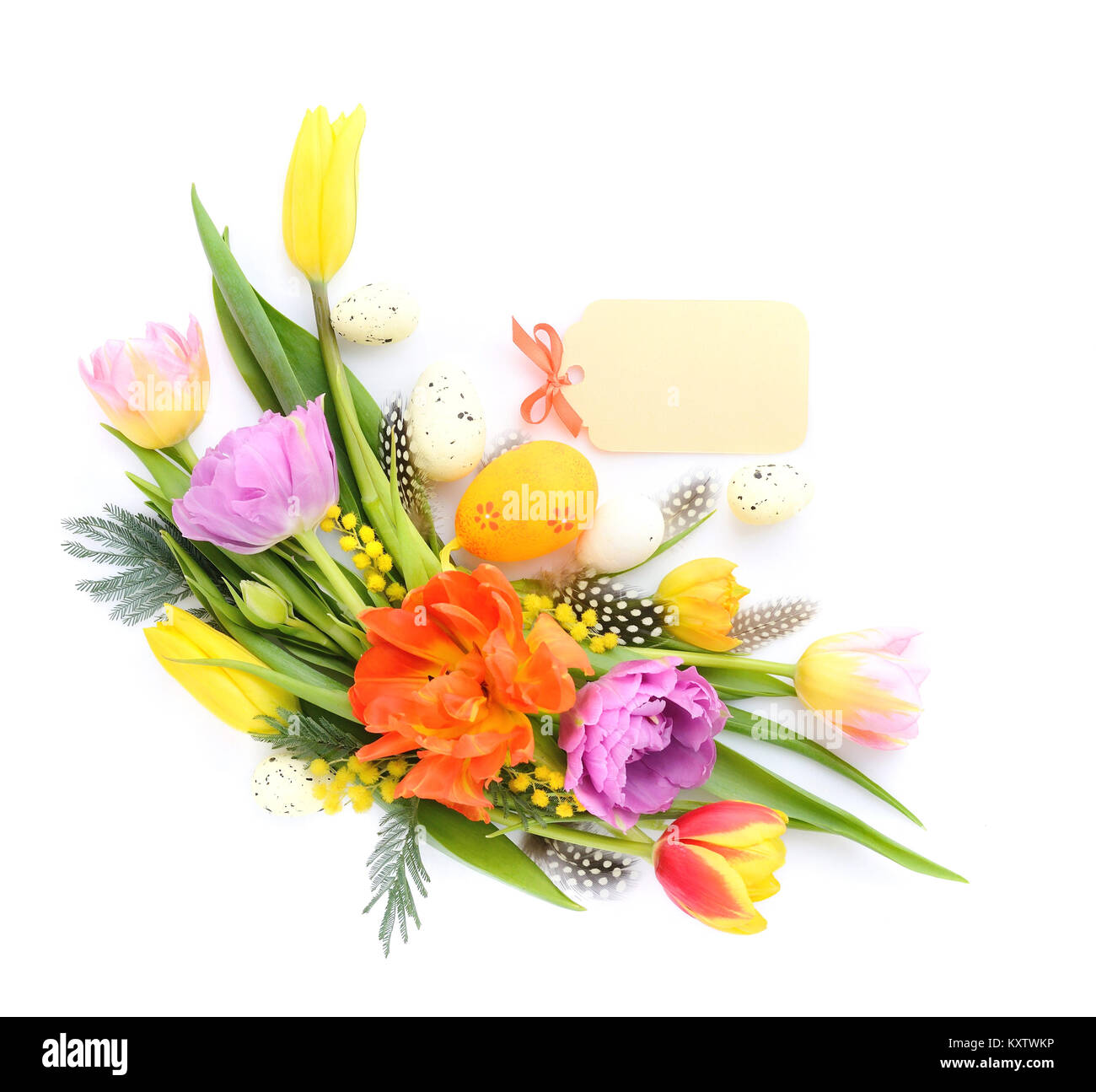 Colorful tulips with easter eggs on white background. Top view Stock ...