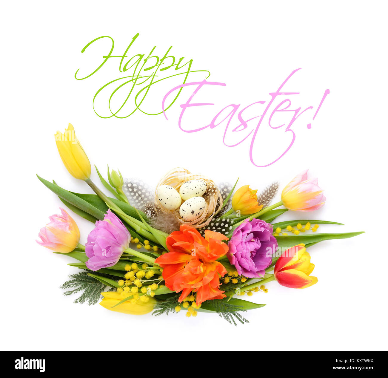Colorful tulips with easter eggs on white background. Top view Stock ...
