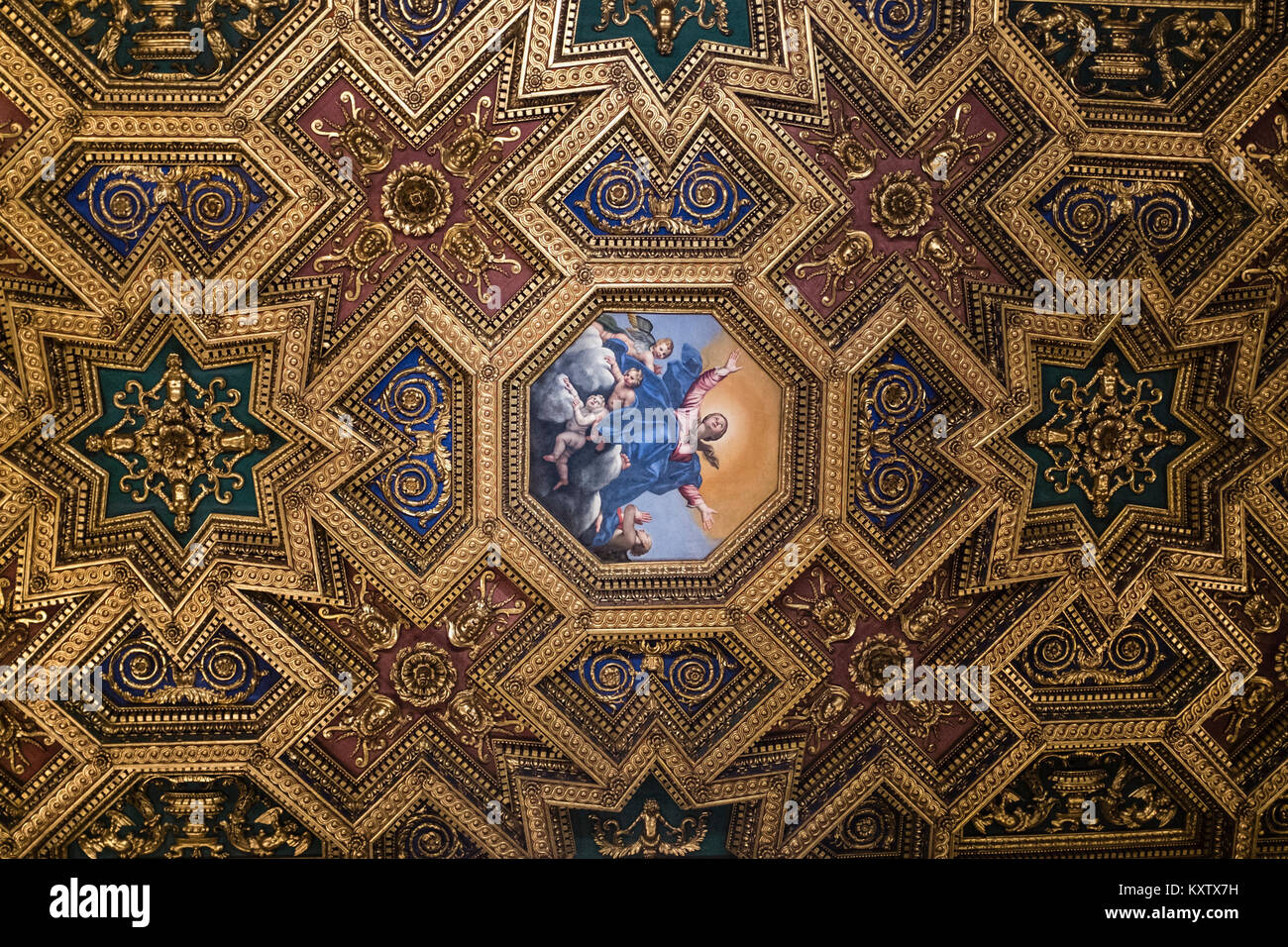 Church, Rome, decorated ceiling in gilded wood and painted Maria ...