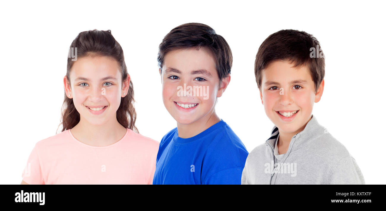 Three children isolated on a white background Stock Photo - Alamy