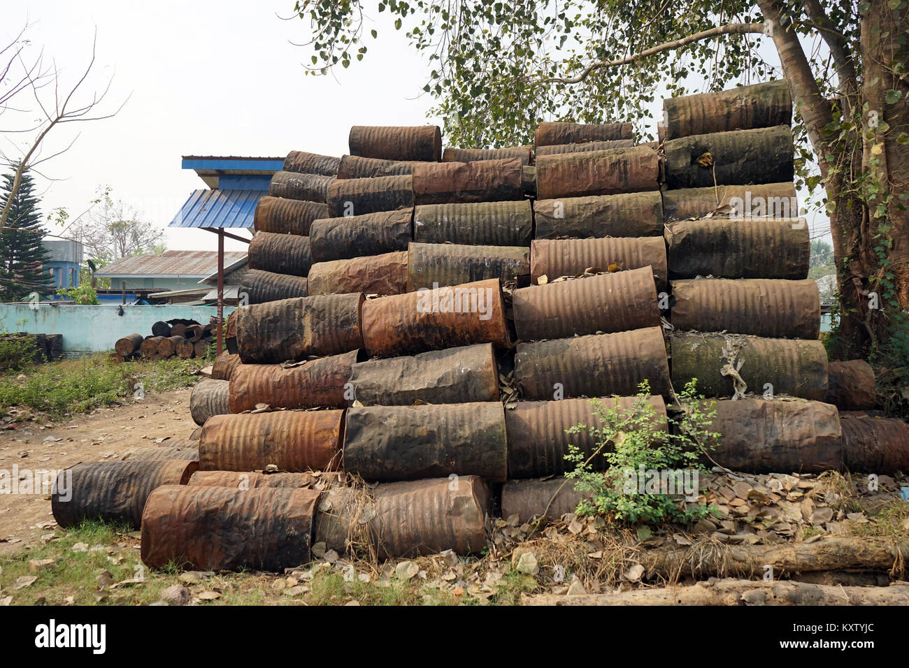 Heap of barrels under tree in the yard Stock Photo - Alamy
