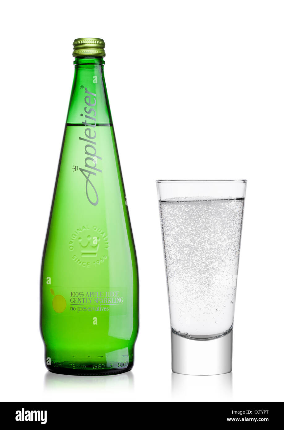 LONDON, UK - JANUARY 02, 2018: Bottle and glass of Appletiser apple ...