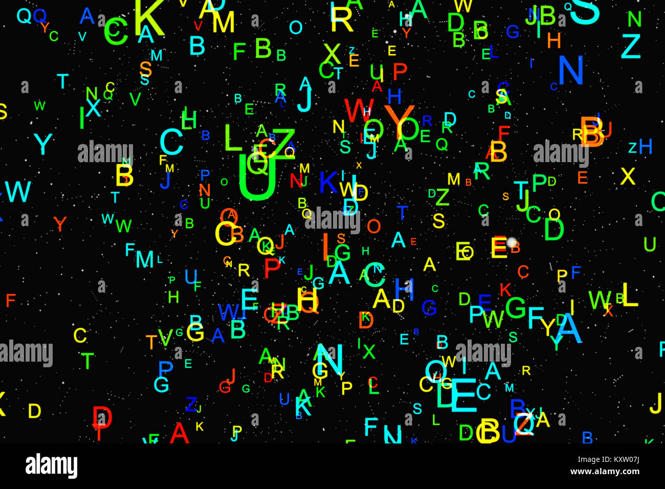 Abstract colorful alphabet fly on black background Stock Photo - Alamy