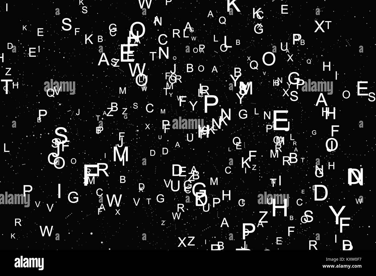 Abstract white alphabet fly on black background Stock Photo - Alamy