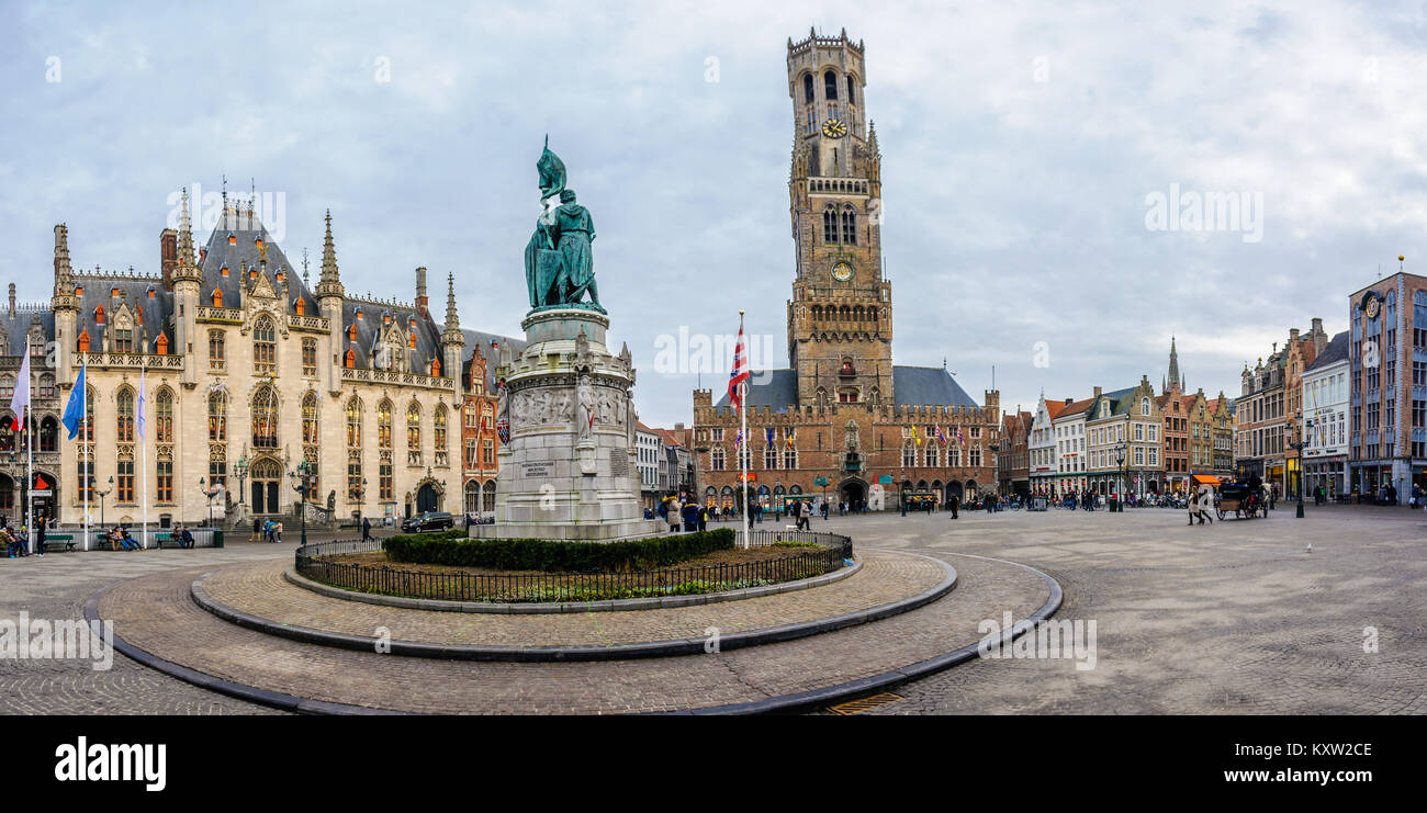 Market square panorama in the UNESCO World Heritage Old Town of Bruges ...