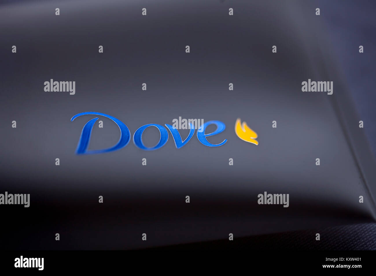 SOFIA, BULGARIA - APRIL 25, 2017: Soft light and focus Dove logo ...