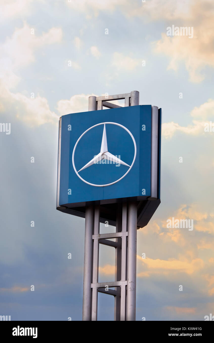 SOFIA, BULGARIA - APRIL 25, 2017. Mercedes sign over the sunset sky ...