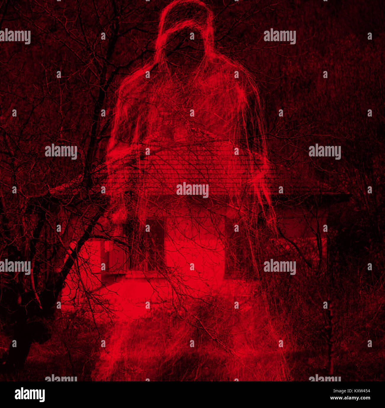 Dark red forest with a abandoned spooky house and ghostly creature ...